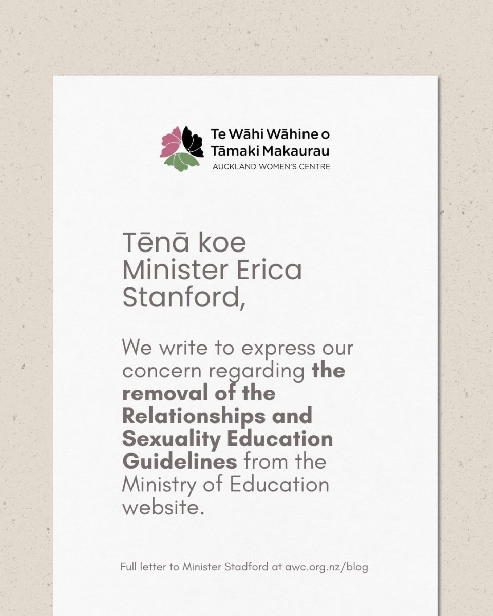 Letter to Minister Stanford – RSE Guidelines - Auckland Women's Centre